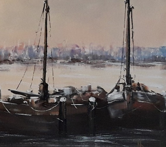 stadshaven - Henry Brand | Origineel werk olieverf 70x140 | stips.nl