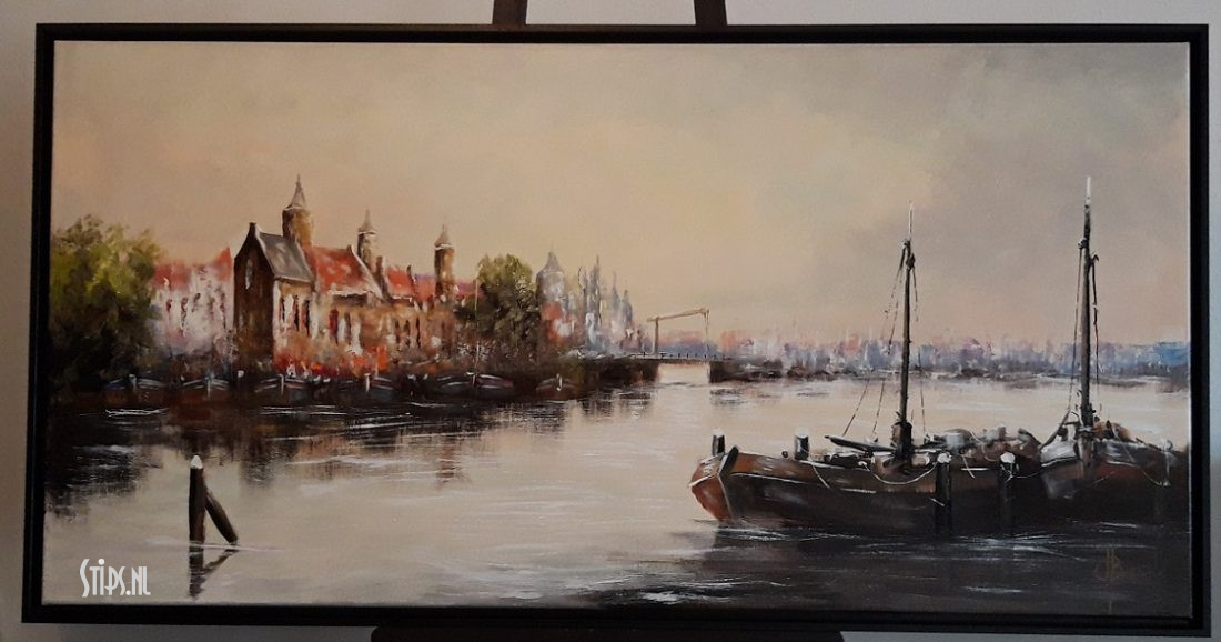 stadshaven - Henry Brand | Origineel werk olieverf 70x140 | stips.nl