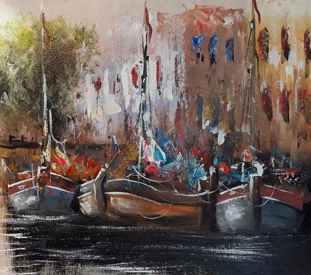 Stadshaven - Henry Brand | Olieverf schilderij 120 x 60 cm stips.nl